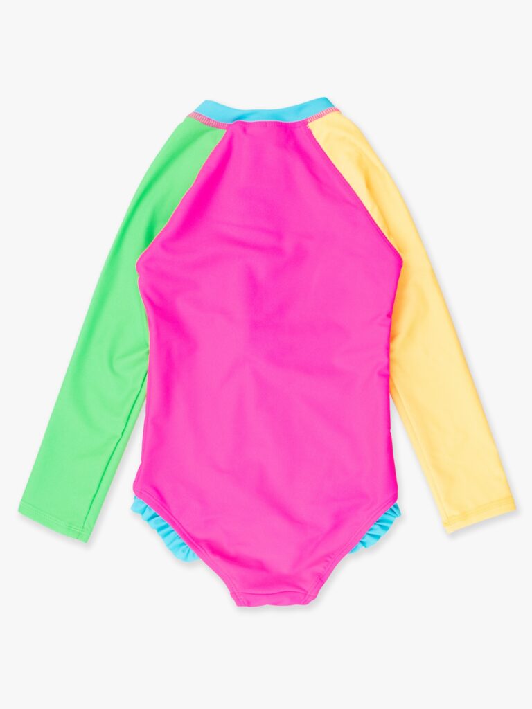 RuffleButts - Long Sleeve Zipper One Piece Rash Guard Swim Suit - Neon ...